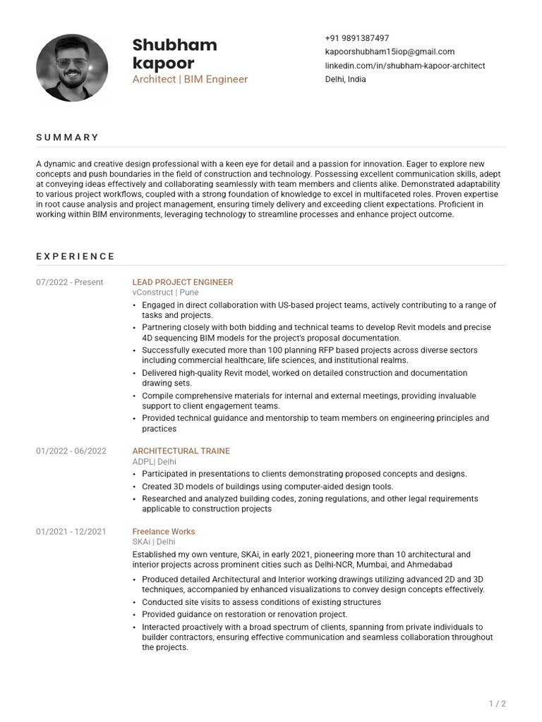 Shubham Kapoor - Architect - BIM Engineer - Resume - 2024 | PDF ...