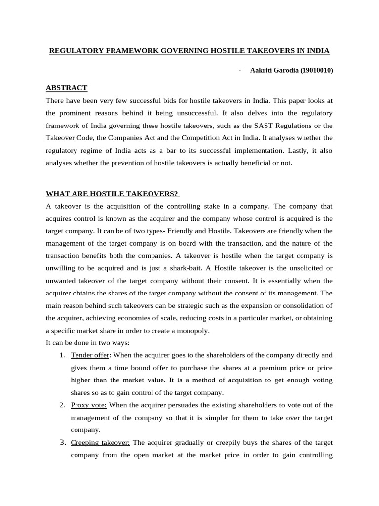 Hostile Takeovers in India | PDF | Takeover | Business