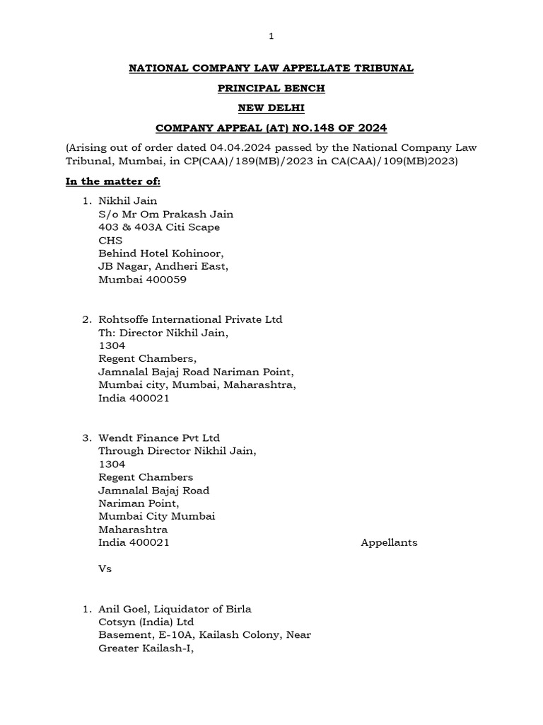 National Company Law Appellate Tribunal Principal Bench New Delhi Company Appeal (At) No.148 of ...