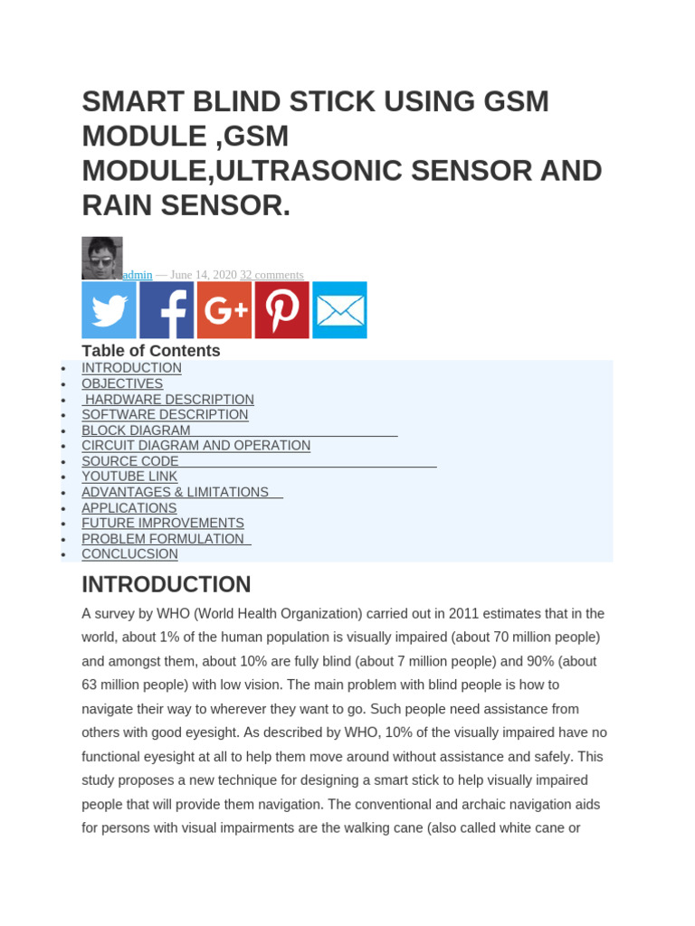 Smart Blind Stick Using GSM Module | PDF | Arduino | Visual Impairment