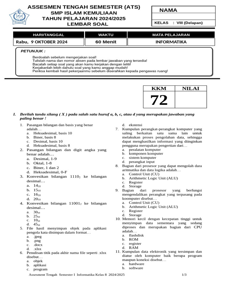 SOAL ATS Informatika KLS 8 2024 OK | PDF