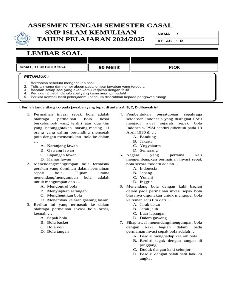 Soal UTS PJOK Kelas IX 2024/2025 | PDF