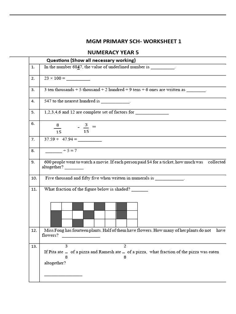 YEAR 502 - Numeracy Worksheet 1 | PDF