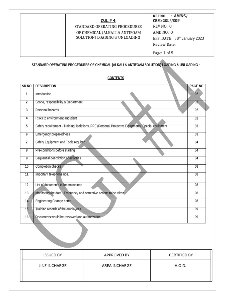 Chemical Loading & Unloading-Cleaning Section 1 | PDF | Personal ...