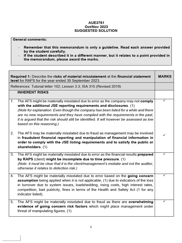 AUE3761 - 2023 - OctNov - Solution | PDF | Financial Statement | Audit