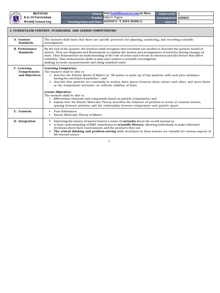 DLL Matatag - Science 7 Q1 W2 | PDF | Gases | Molecules
