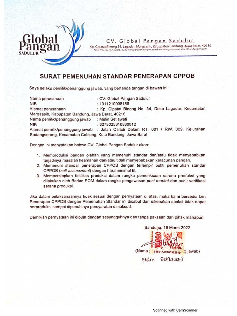 Surat Pemenuhan Standar CPPOB | PDF