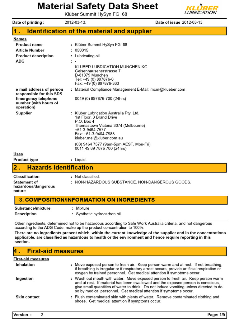 Lubricant Safety Data for Industry | PDF | Personal Protective ...