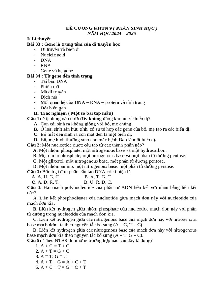 ĐỀ CƯƠNG KHTN 9 | PDF