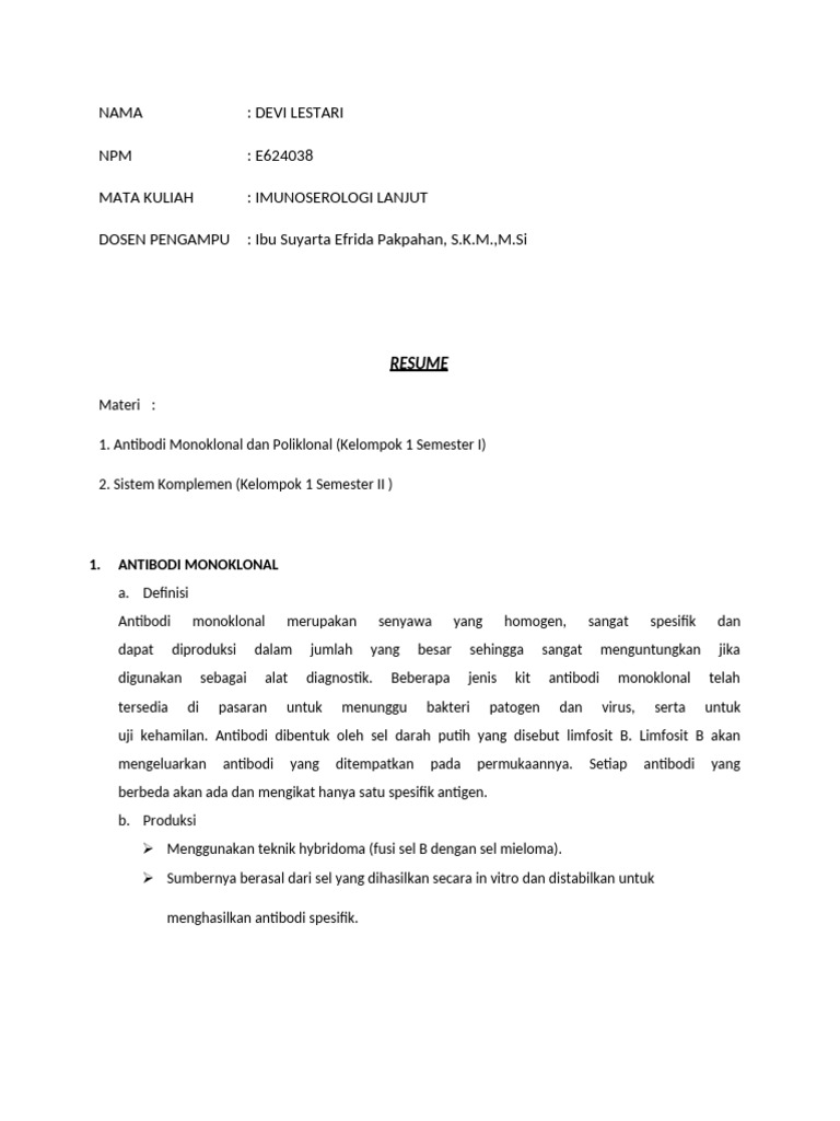 Tugas Pertemuan 1 Dan 2 - Antibodi Monoklonoal Dan Poliklonal - Sistem Komplemen - E624038 ...