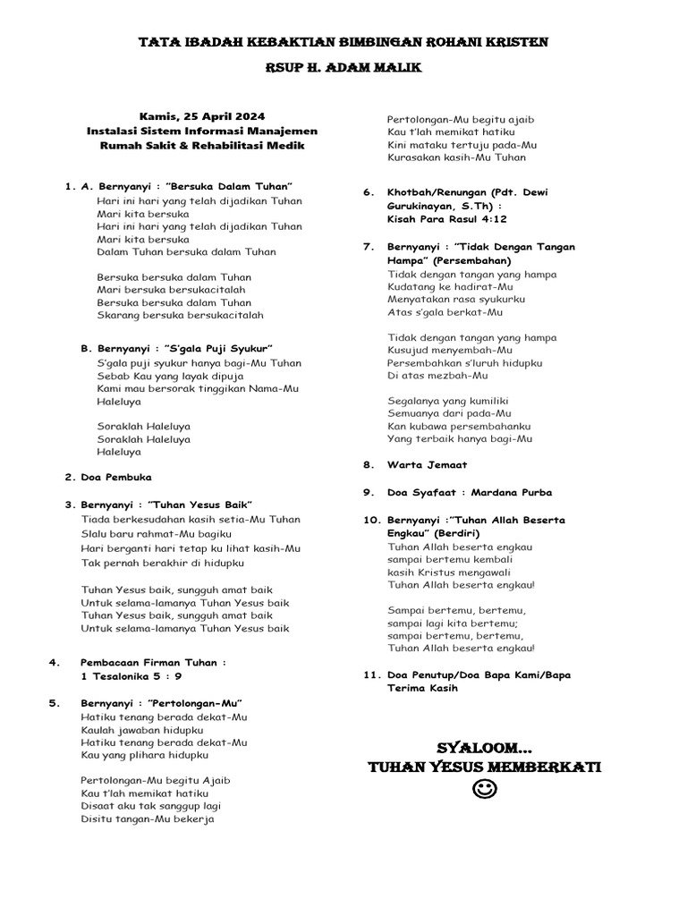 TATA IBADAH KEBAKTIAN BRK Tanggal 25 April 2024 | PDF