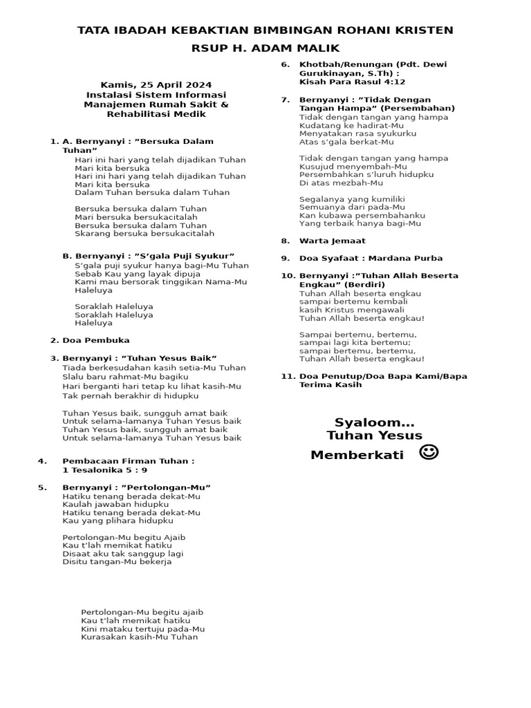 TATA IBADAH KEBAKTIAN BRK Tanggal 25 April 2024 | PDF