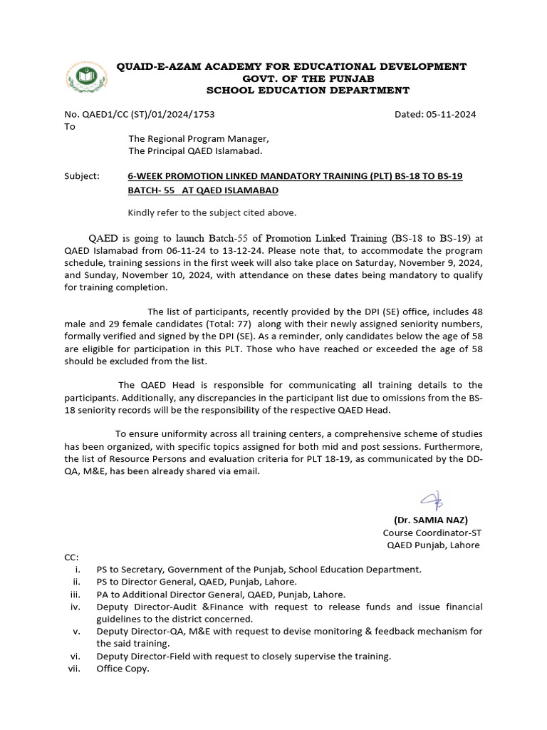 Letter 06 Week PLT BS-18 To BS-19 QAED, Islamabad | PDF