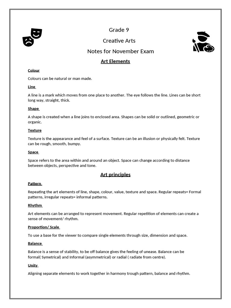Grade 9 Creative Arts Exam Notes | PDF | Shape | Pattern
