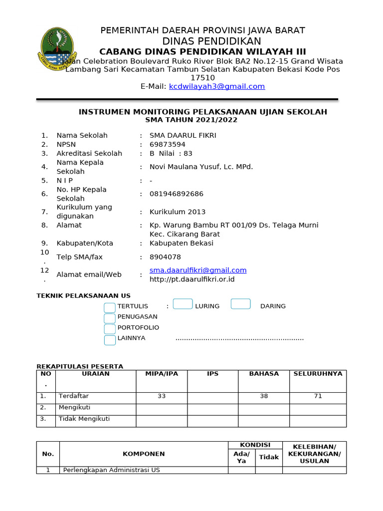 Instrumen Monev US - REVISI-1 2021 | PDF