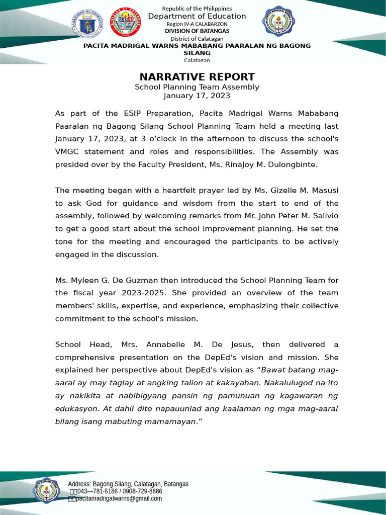 Narrative Report - SPT Assembly | PDF | Wellness