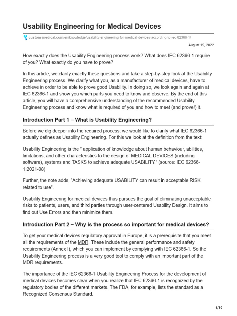 Usability Engineering For Medical Devices | PDF | Usability | Risk ...
