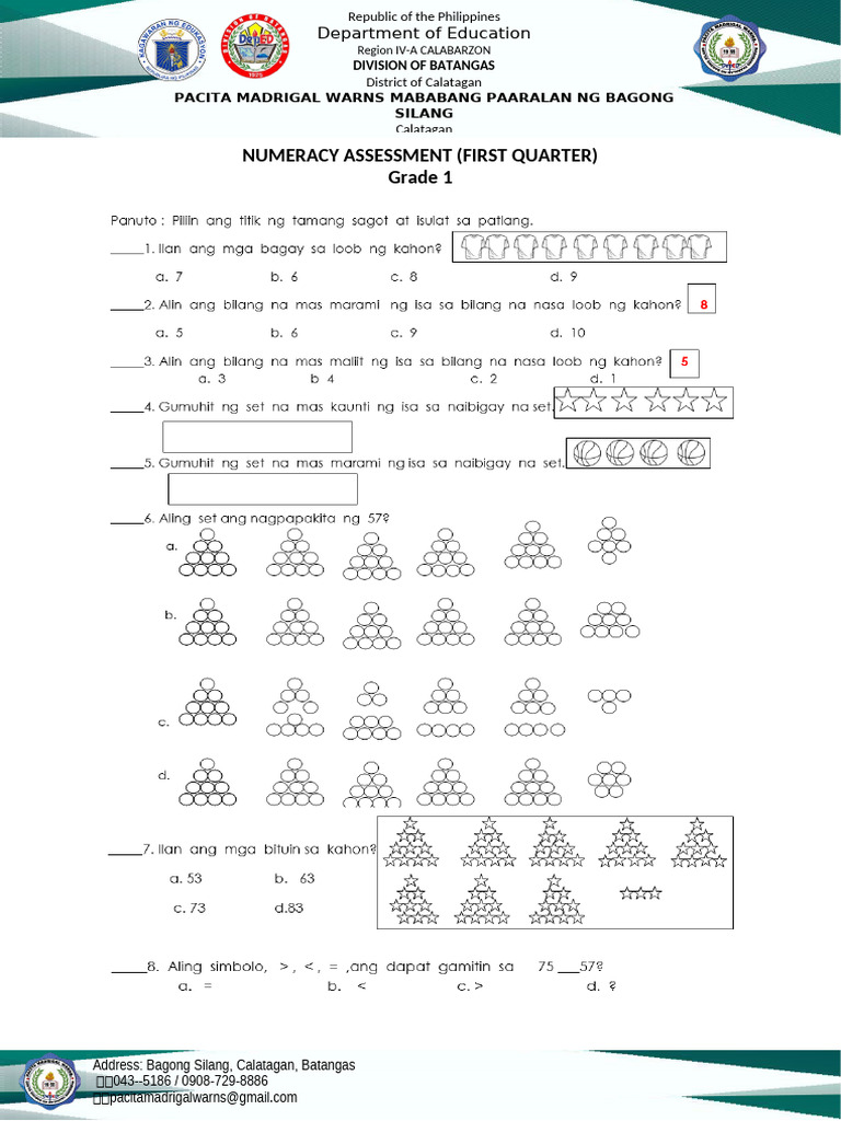 Numeracy Assessment Grade 1 (1ST 2ND) | PDF