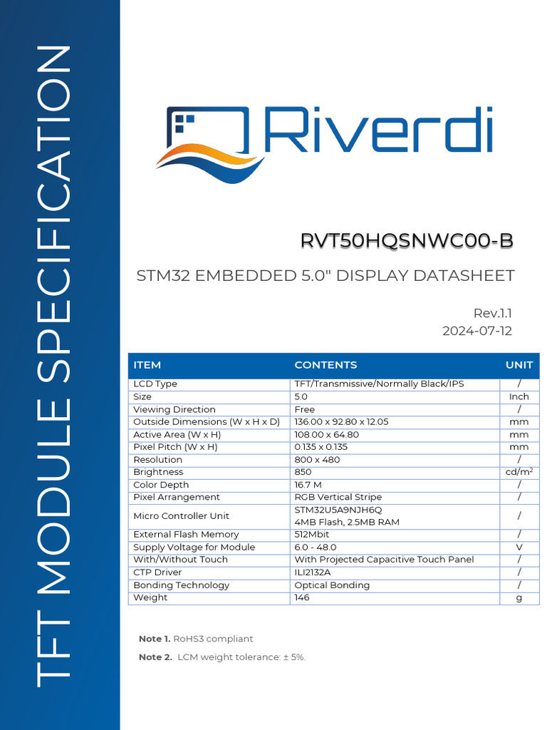Riverdi STM32 - DS - RVT50HQSNWC00-B - Rev.1.1 | PDF | Usb | Liquid Crystal Display