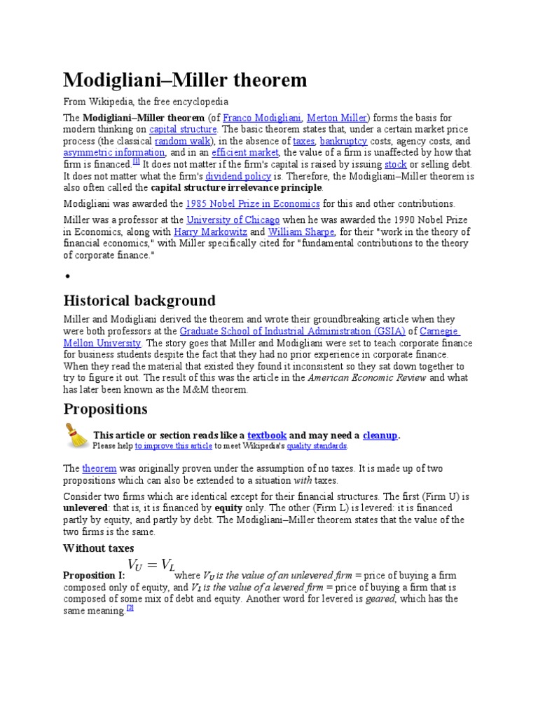 The Modigliani–Miller Theorem: A Foundational Principle of Corporate ...