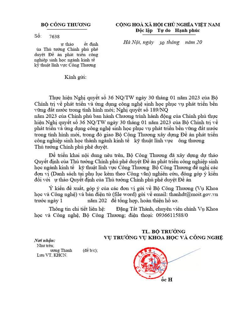 Cong Van Gui Cac Don Vi Gop y Du Thao To Trinh TTG Va QD Cua TTG Phe ...