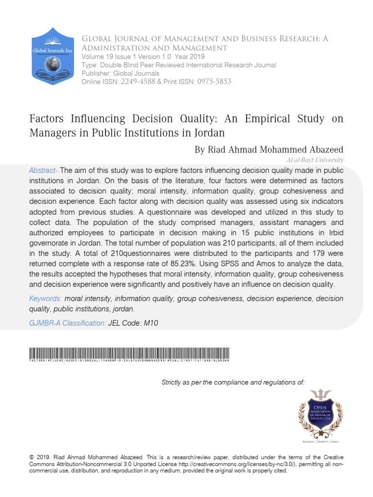 1 Factors Influencing Decision Quality PDF | PDF | Decision Making | Group Cohesiveness