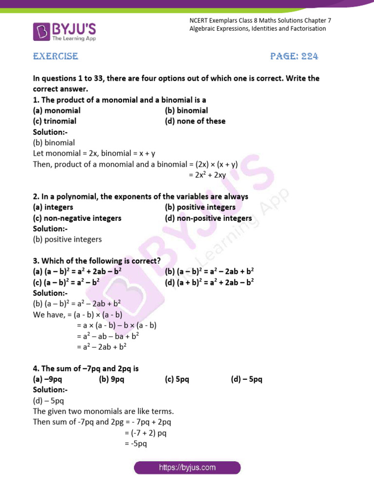 NCERT Exemplar Class 8 Maths Solutions Chapter 7 Algebraic Expressions ...