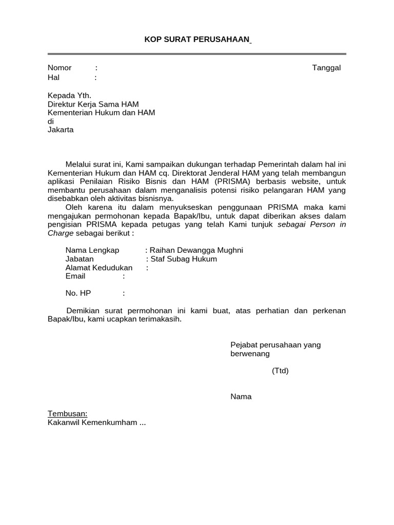 Format Surat Permohonan Akses Prisma Dan Penunjukan PIC | PDF