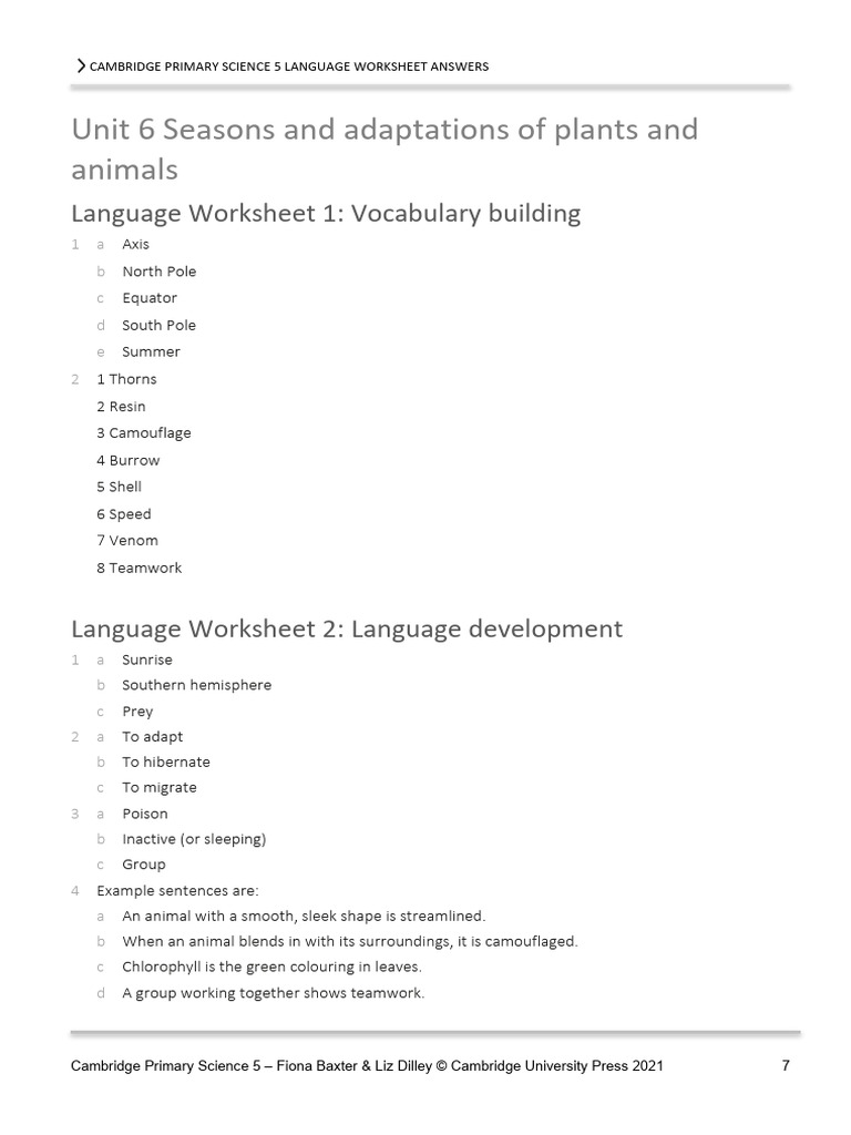 Science Stage 5 - Booklet Answers - Unit 6 - Season and Adaptations of ...