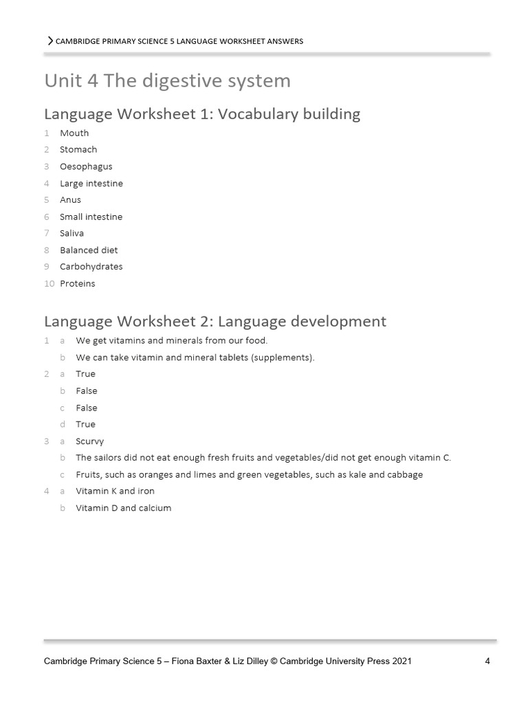 Science Stage 5 - Booklet Answers - Unit 4 - Digestive System | PDF ...
