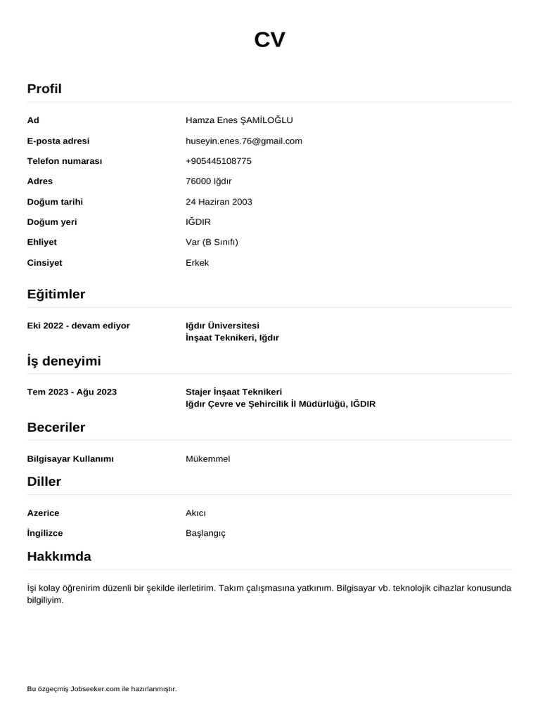 CV Hamza Enes ŞAMİLOĞLU | PDF