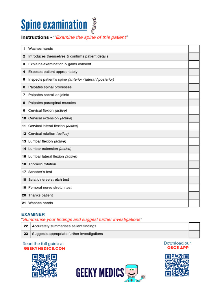 Spine Examination Mark Scheme | PDF