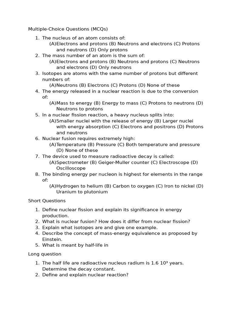 Nuclear Physics MCQs and Concepts | PDF