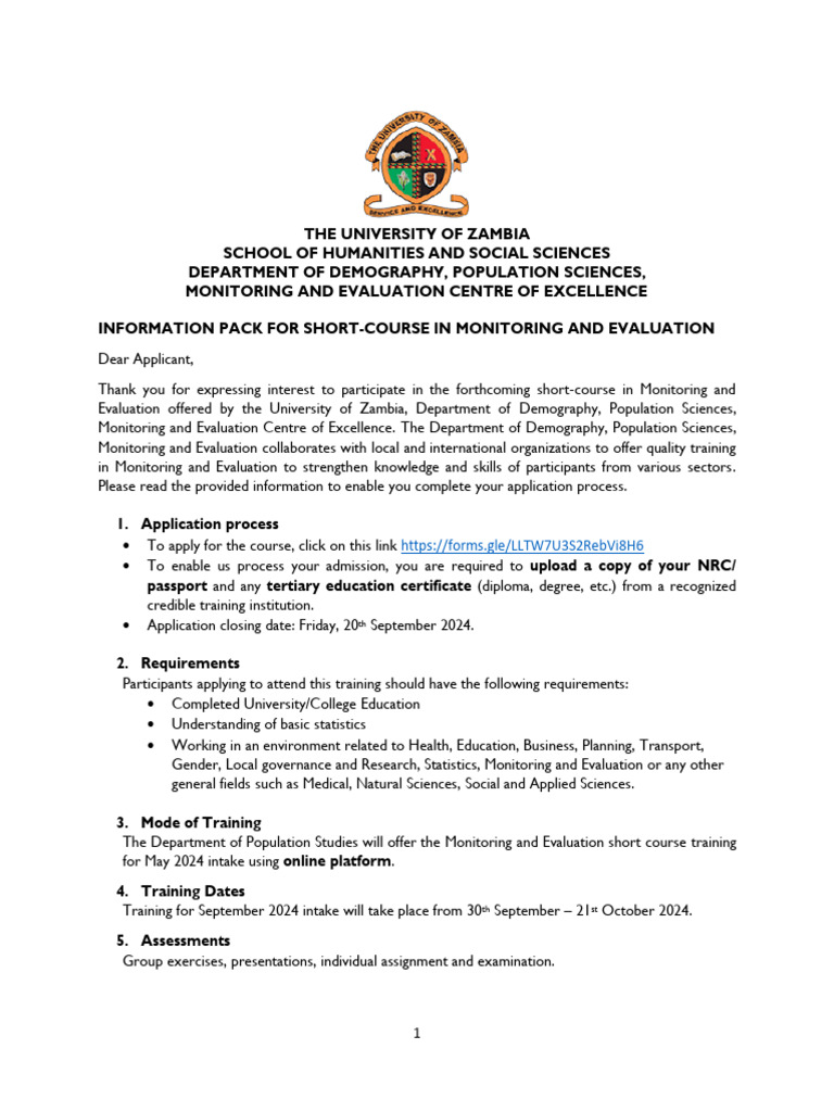 Information Pack For Unza DPS M&e Short Course-2024 | PDF