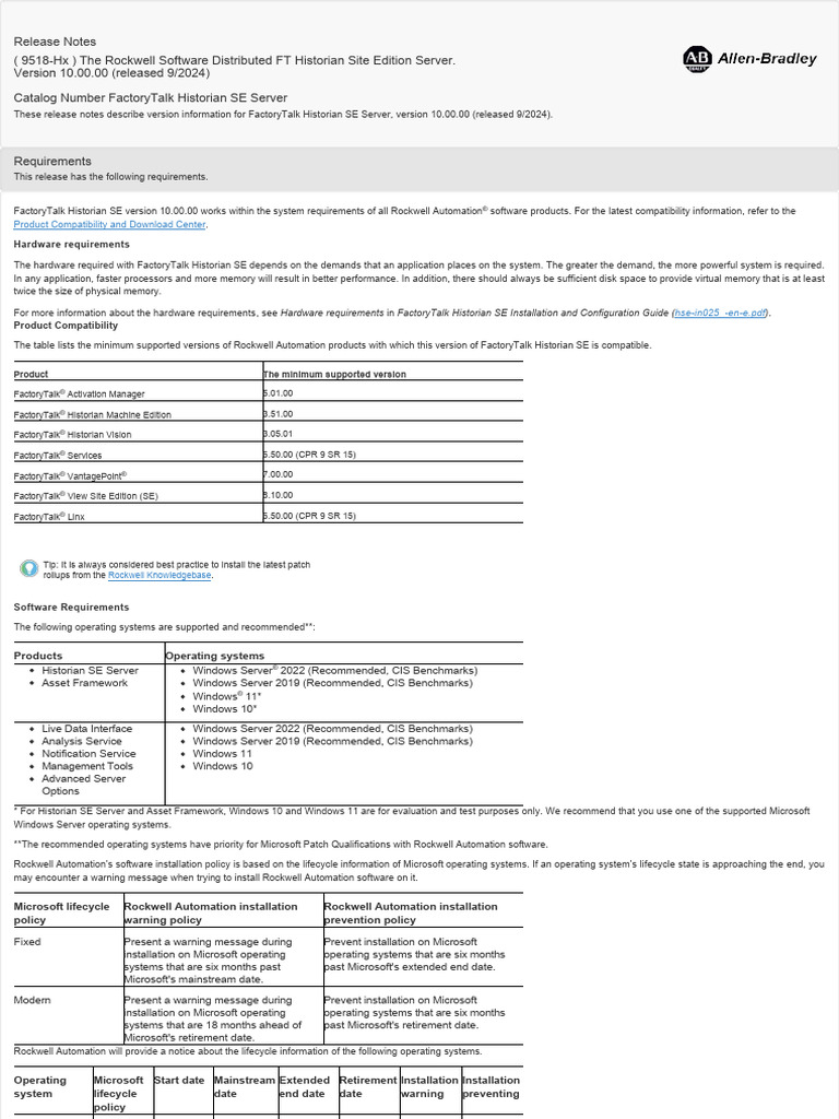 FactoryTalk Historian SE Server - 10.00.00 (Released 9 - 2024) | PDF | Microsoft Sql Server ...