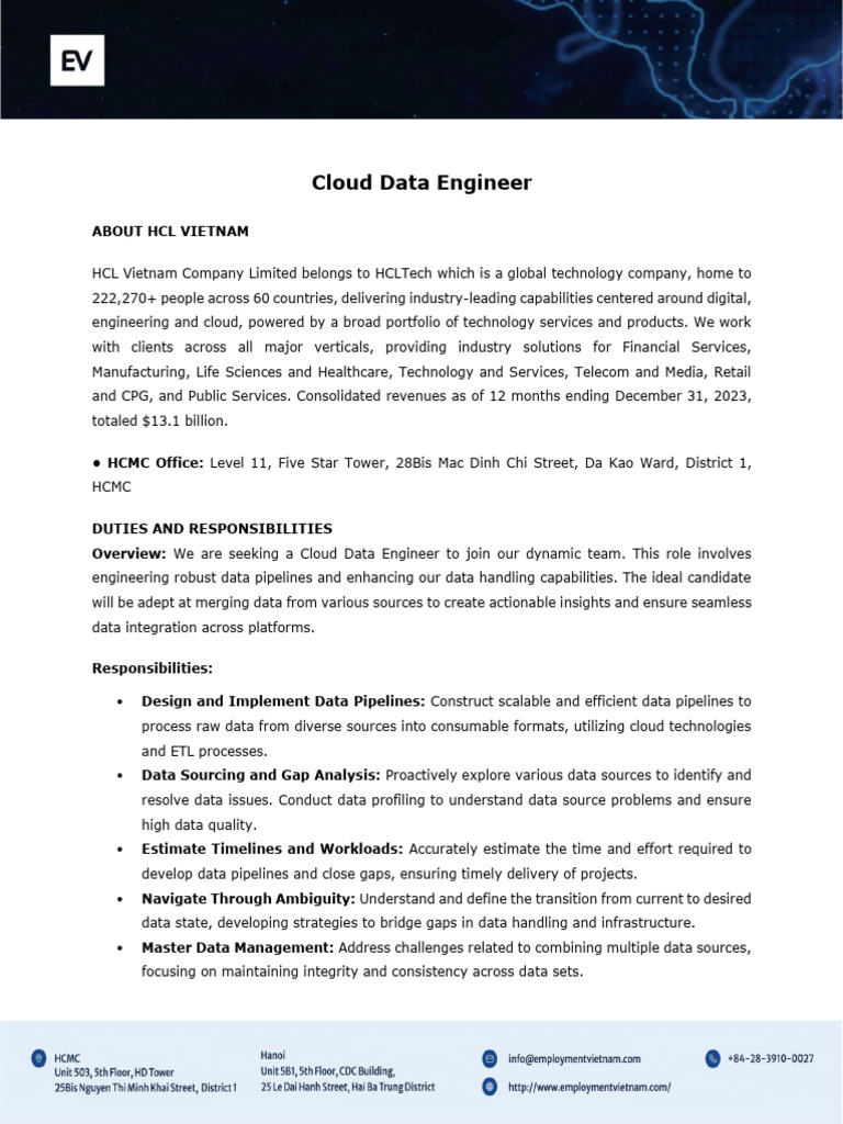 Cloud Data Engineer Role at HCL Vietnam | PDF | Salary | Computing