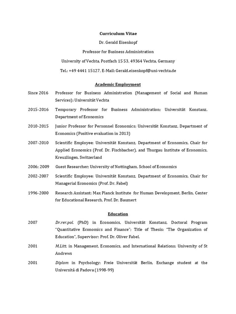 Gerald Eisenkopf CV 240604 | PDF | Doctor Of Philosophy | Economics