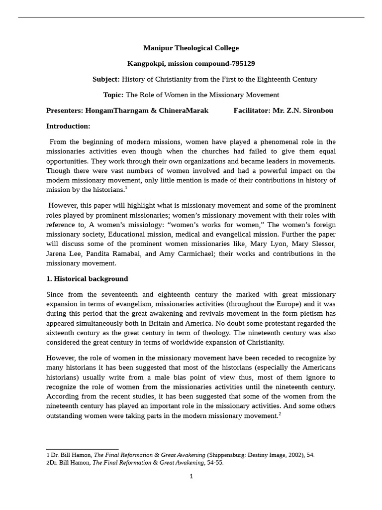 The Role of Women in The Missionary Movement 1 | PDF | Christian ...