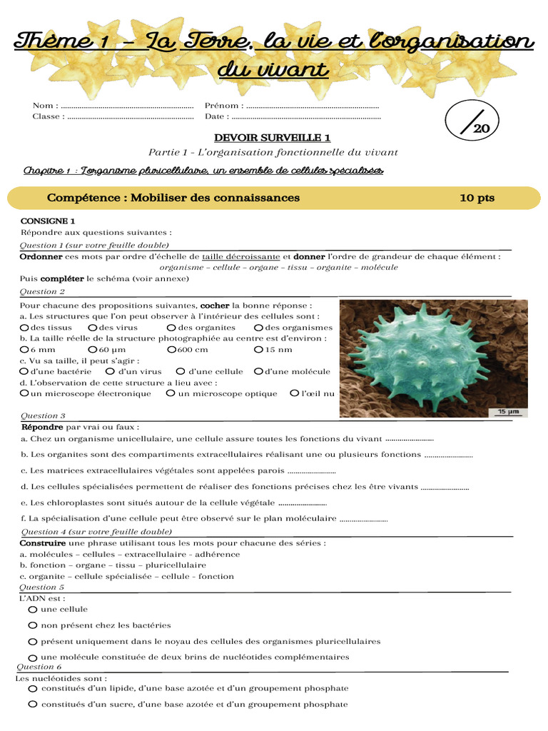 Devoir Surveille 1 SVT - 2nde | PDF | Cellule (Biologie) | ADN