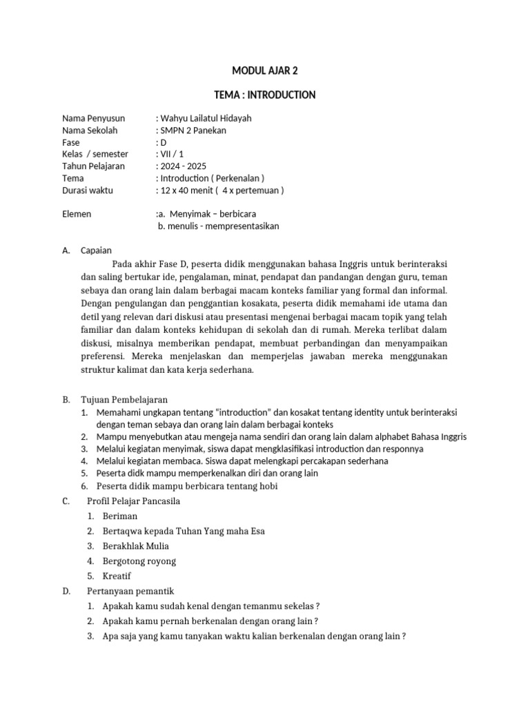 MODUL AJAR Perkenalan | PDF