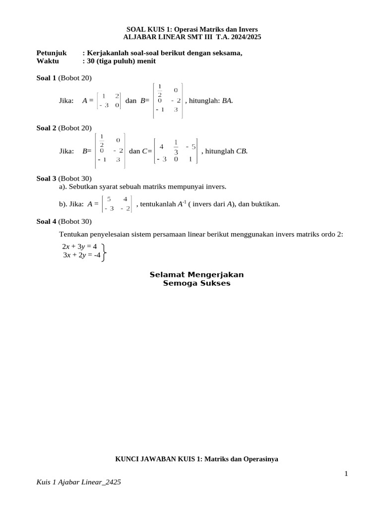 Soal Kuis 1 Matriks | PDF