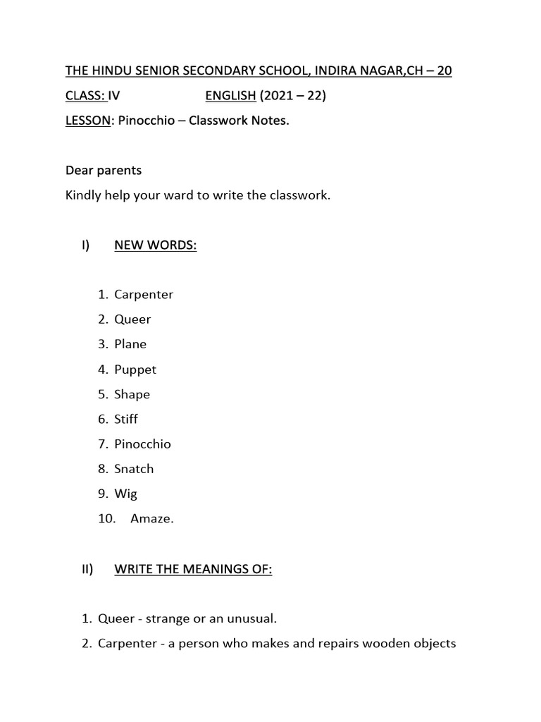 Class IV, Pinocchio - Classwork | PDF