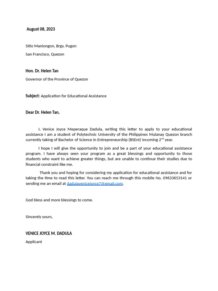 Educational Assistance Application Letter | PDF | Social Science | Self-Improvement