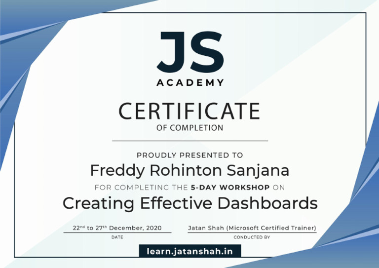 Creating Effective Dashboards Certificate - Freddy Rohinton Sanjana | PDF
