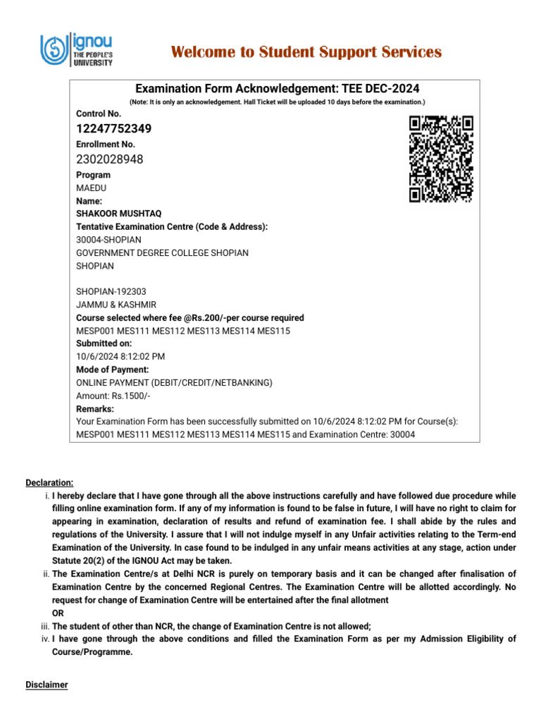 IGNOU - Examination Form Acknowledgement | PDF