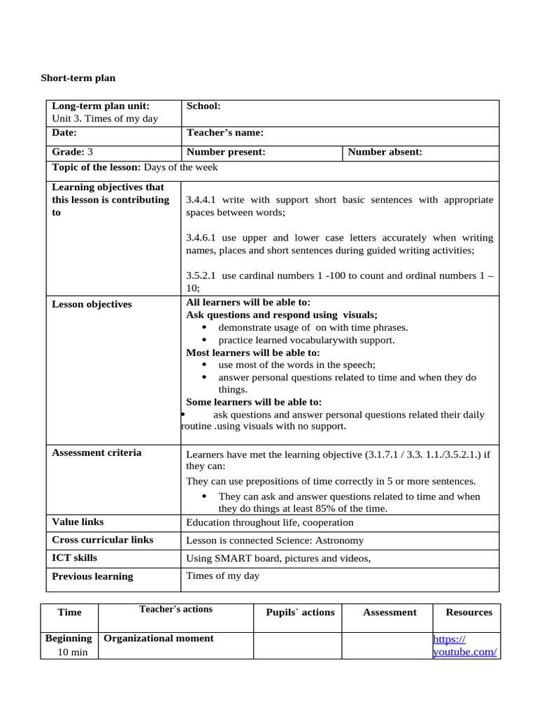 Grade 3 Lesson Plan: Days of the Week | PDF | Learning | Lesson Plan