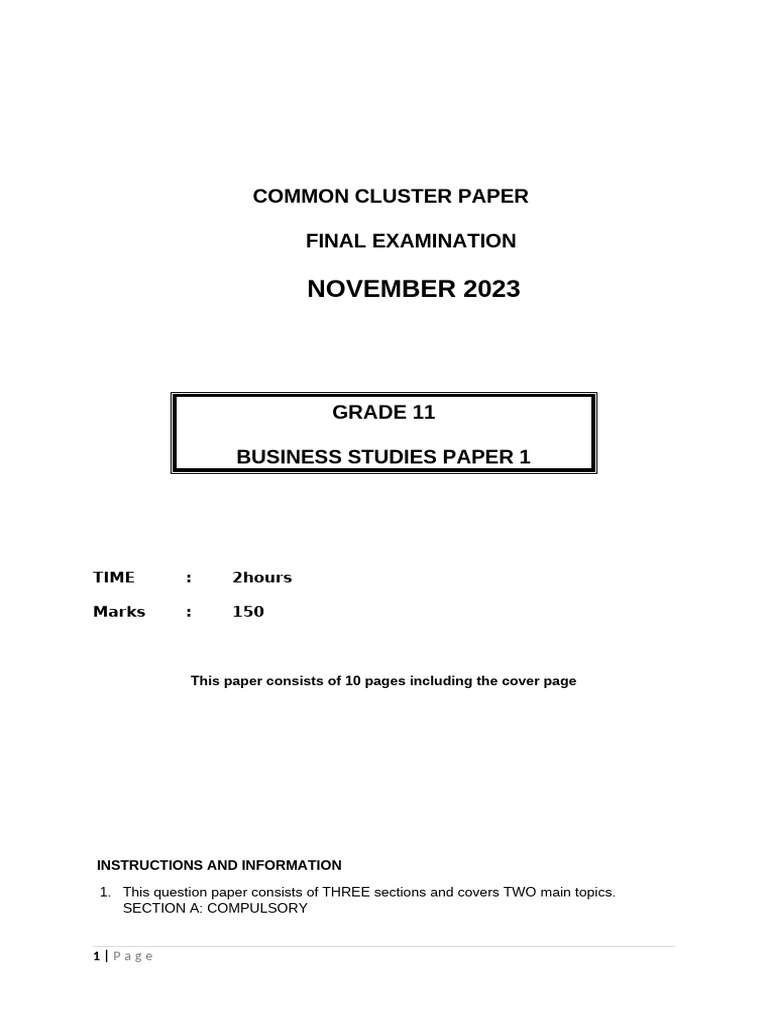 Business Studies Paper 1 Final 2023 | PDF | Employment | Pricing