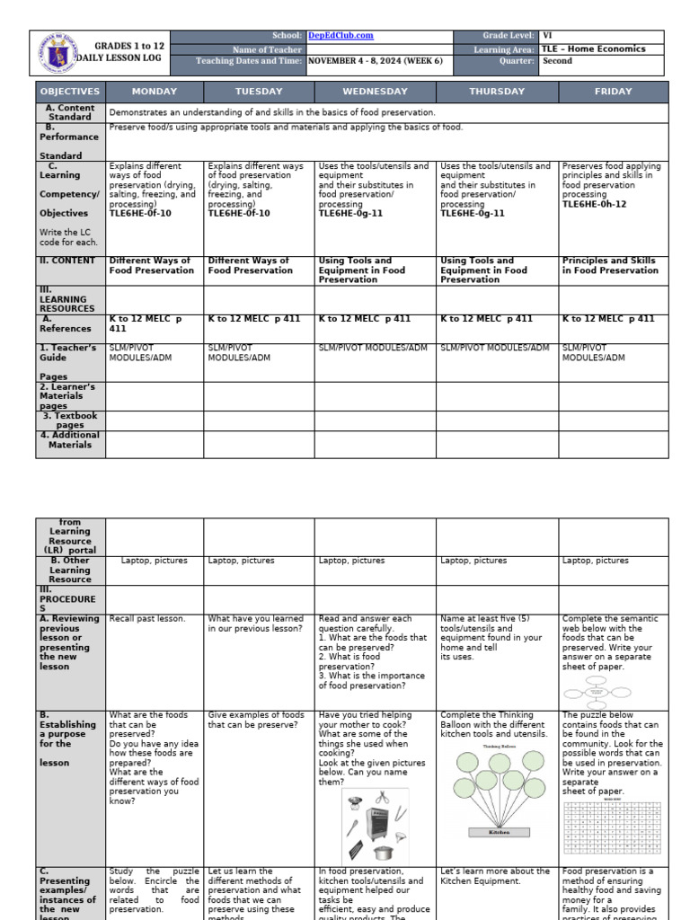 GRADES 1 To 12 Daily Lesson Log: Objectives Monday Tuesday Wednesday Thursday Friday | PDF ...