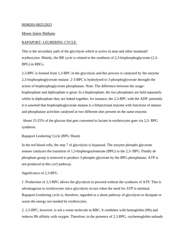 Rapaport Assignment | PDF | Glycolysis | Hemoglobin