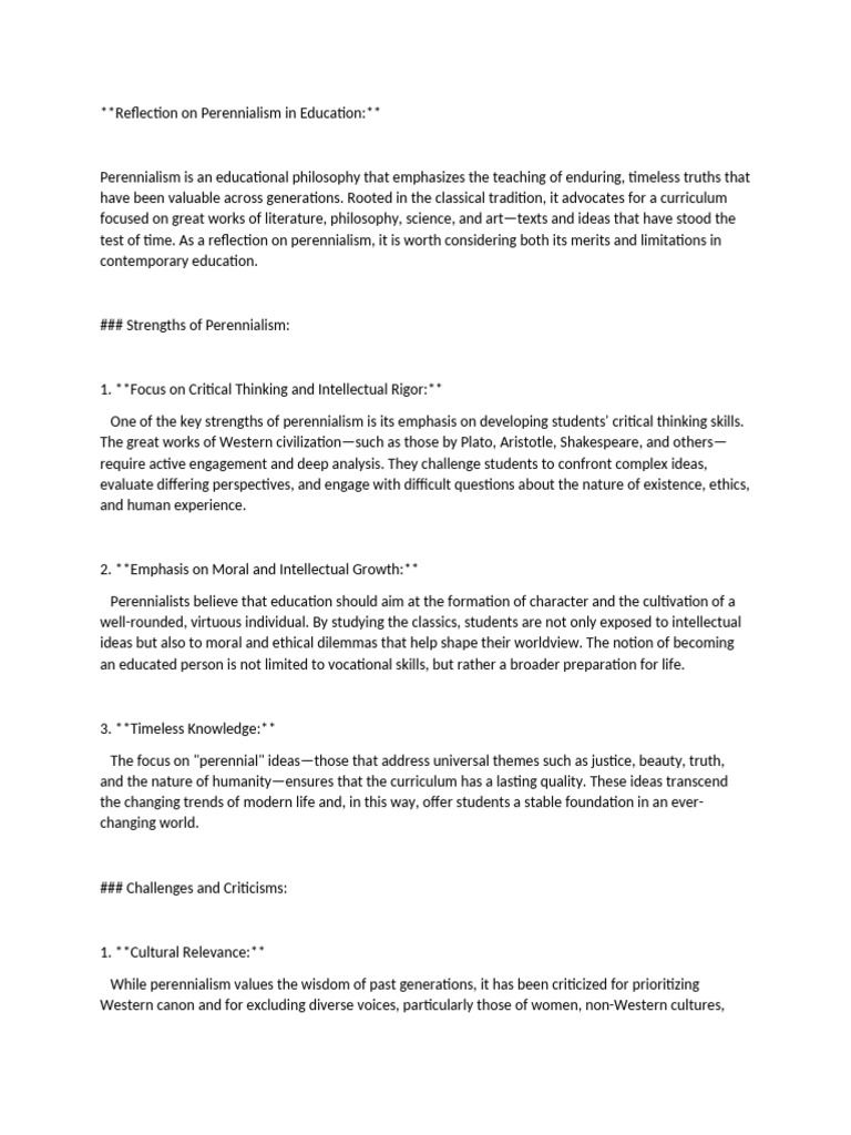 Perennialism: Strengths and Challenges | PDF | Critical Thinking ...